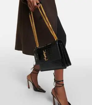 Saint Laurent Sunset Medium Croc-effect Shoulder Bag - Black