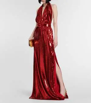 RODARTE Halterneck Sequin Gown With Corsage - Red