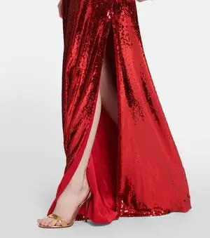 RODARTE Halterneck Sequin Gown With Corsage - Red