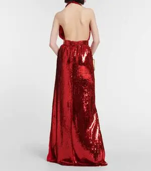 RODARTE Halterneck Sequin Gown With Corsage - Red