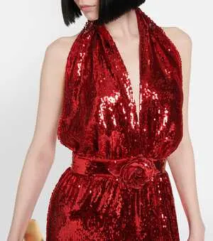 RODARTE Halterneck Sequin Gown With Corsage - Red