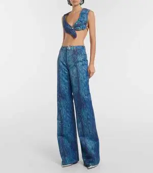 AREA Embellished Fur-print Flared Jeans