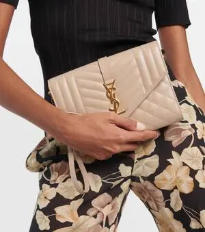 Saint Laurent Envelope Matelassé Leather Clutch - Beige
