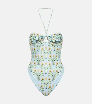 Agua Bendita Floral Print Halterneck Swimsuit - Blue
