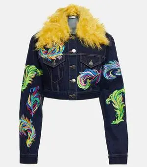AREA Mohair-trimmed Cropped Denim Jacket - Blue