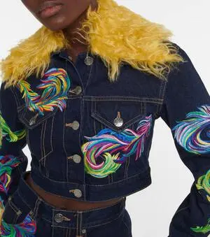 AREA Mohair-trimmed Cropped Denim Jacket