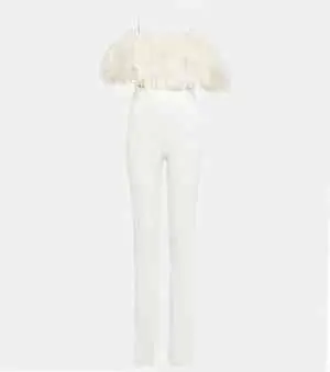 David Koma Feather-trimmed Cady Jumpsuit - White