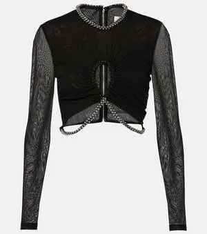 DION LEE Embellished Cutout Jersey Crop Top - Black