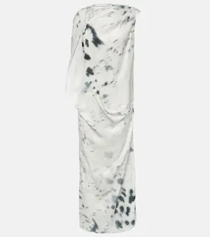 JACQUES WEI Gathered Printed Satin Midi Dress