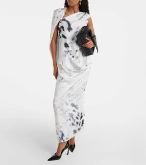 JACQUES WEI Gathered Printed Satin Midi Dress