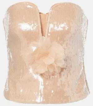 SELF-PORTRAIT Floral-applique Sequined Bustier Top - Beige