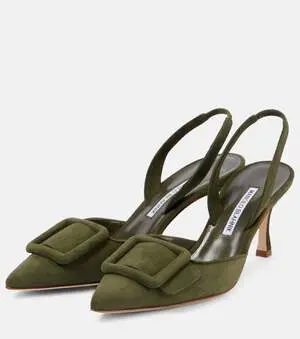 Manolo Blahnik Maysli Suede Slingback Pumps - Green