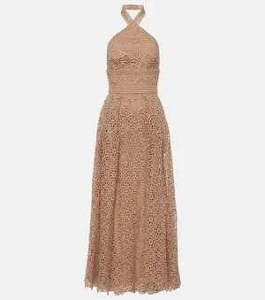 Elie Saab Macrame Halterneck Cotton-blend Midi Dress - Beige