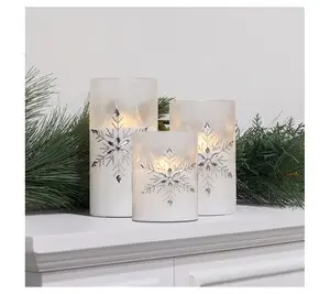 LUMABASE Set Of 3 Battery Operated Glass Snowflake Hurricanes - One-color