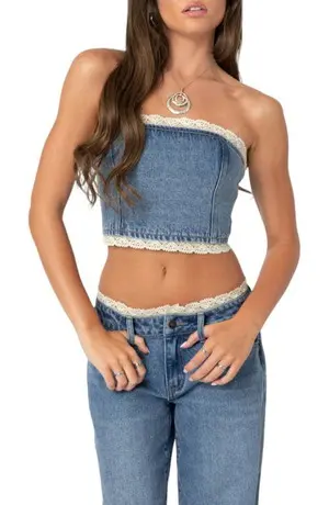 EDIKTED Karlie Lace Trim Denim Tube Top - Blue