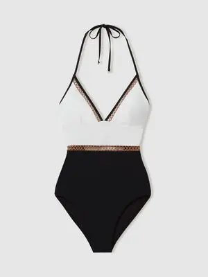 REISS Ray Colourblock Halter Swimsuit - White/tan