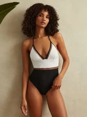 REISS Ray Colourblock Halter Swimsuit - White/tan