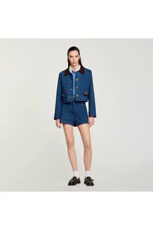 Sandro Denim Jacket With Leather Collar