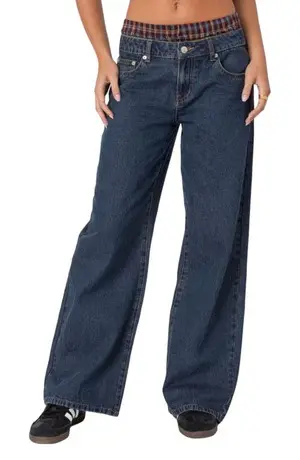 EDIKTED Boxer Detail Wide Leg Jeans - Blue