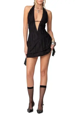 EDIKTED Shredded Open Back Plunge Minidress - Black