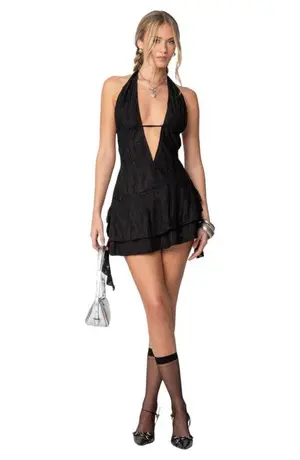 EDIKTED Shredded Open Back Plunge Minidress - Black