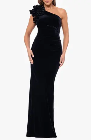XSCAPE EVENINGS One-shoulder Ruffle Stretch Velvet Gown - Black