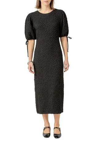 English Factory Textured Puff Sleeve Midi Dress - Black