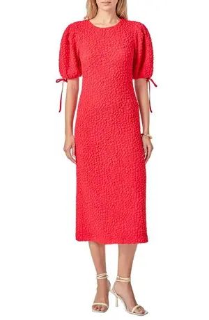 English Factory Textured Puff Sleeve Midi Dress - Red