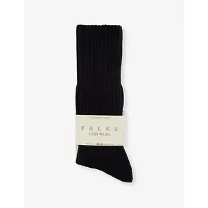 Falke Cosy Wool Ribbed Knit Crew Socks - Black