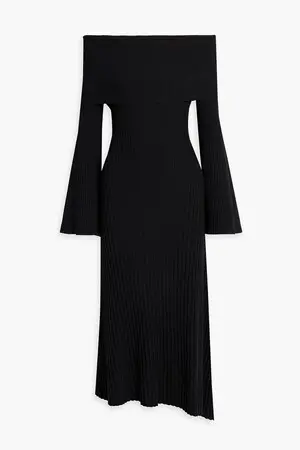 A.L.C. Eve Off-The-Shoulder Asymmetric Merino Wool-Blend Midi Dress - Black