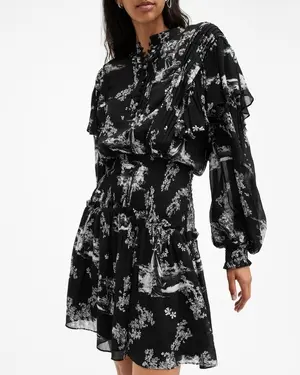 aubrey ruffle dress in black AUBREY Linen Midi Dress with Ruffled Collar, Puff Sleeves, Button Front