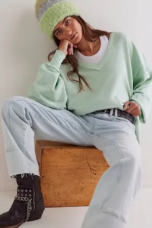 Free People We The Free Venice V-Neck Sweatshirt Mint Ivy