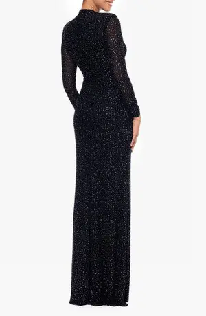 Betsy & Adam Rhinestone Long Sleeve Stretch Gown