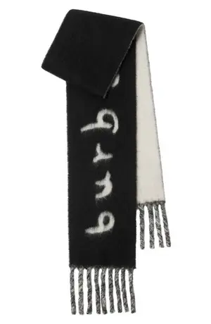 Burberry Logo Text Jacquard Reversible Alpaca & Wool Blend Fringe Scarf - Black
