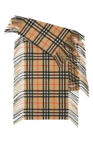 Burberry Medium Check Happy Fringe Cashmere Scarf - Sand