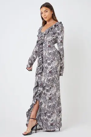CREEA THE LABEL Long Sleeve Ruffle Print Maxi Dress
