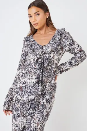 CREEA THE LABEL Long Sleeve Ruffle Print Maxi Dress