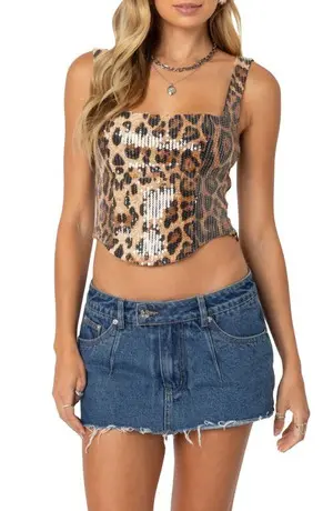 EDIKTED Sequin Animal Print Corset Top