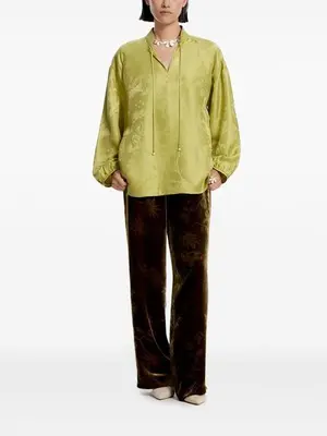 Shanghai Tang Velvet Finish Flared Trousers With Floral Print