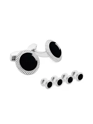 Tateossian Bullseye 6-piece Onyx & Rhodium Stud & Cufflink Set - Black