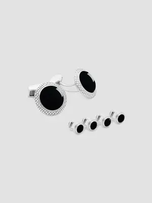 Tateossian Bullseye 6-piece Onyx & Rhodium Stud & Cufflink Set - Black