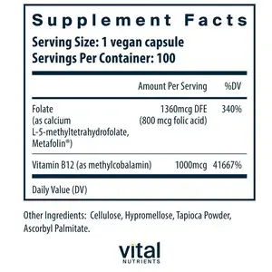 VITAL NUTRIENTS B-12/methyl Folate 1000mcg/800mcg 100 Capsules