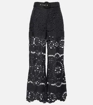 Zimmermann Pop Embroidered Linen Wide-leg Pants - Black