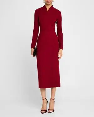 stretch column midi dress Cream Coast Lisa Tan V Neck Stretch Crepe Column Midi Dress