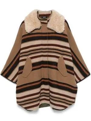 BAZAR DELUXE Striped Wool-blend Cape With Shearling Collar