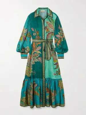 Alemais Franca Belted Tiered Printed Silk-Satin Maxi Shirt Dress In Blue -  50% Off | Editorialist