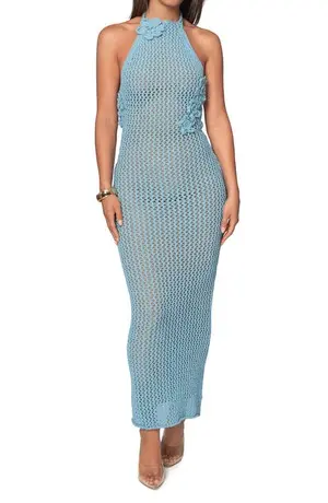 JLUXLABEL Paradise Open Stitch Crochet Halter Dress - Blue