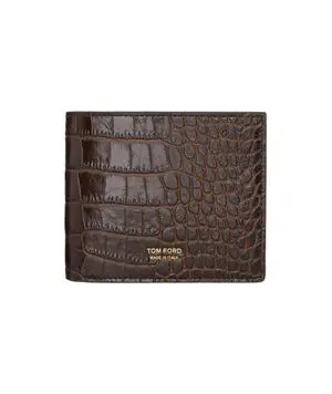TOM FORD Croc T Line Classic Bifold Wallet - Cognac