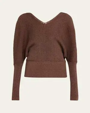 Lafayette 148 New York Ribbed Shimmer Dolman-sleeve Sweater - Wood Metallic