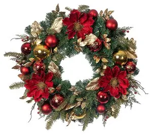 VILLAGE LIGHTING CO. Village Lighting 30' Pre-lit Wreath-golden Leaf Red Magnolia - One-color